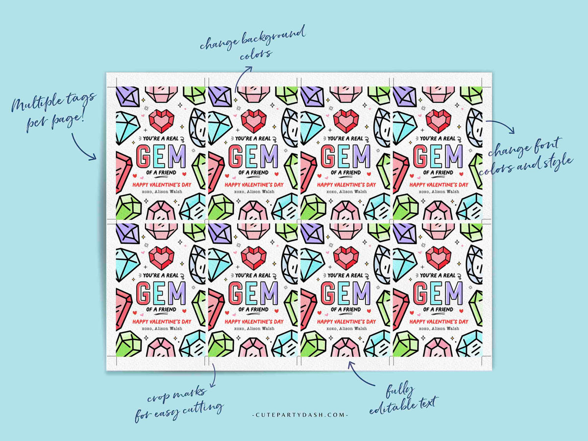 Valentine's Day Kids Classroom Ring Valentine Pop Gemstone Punny Tags ...