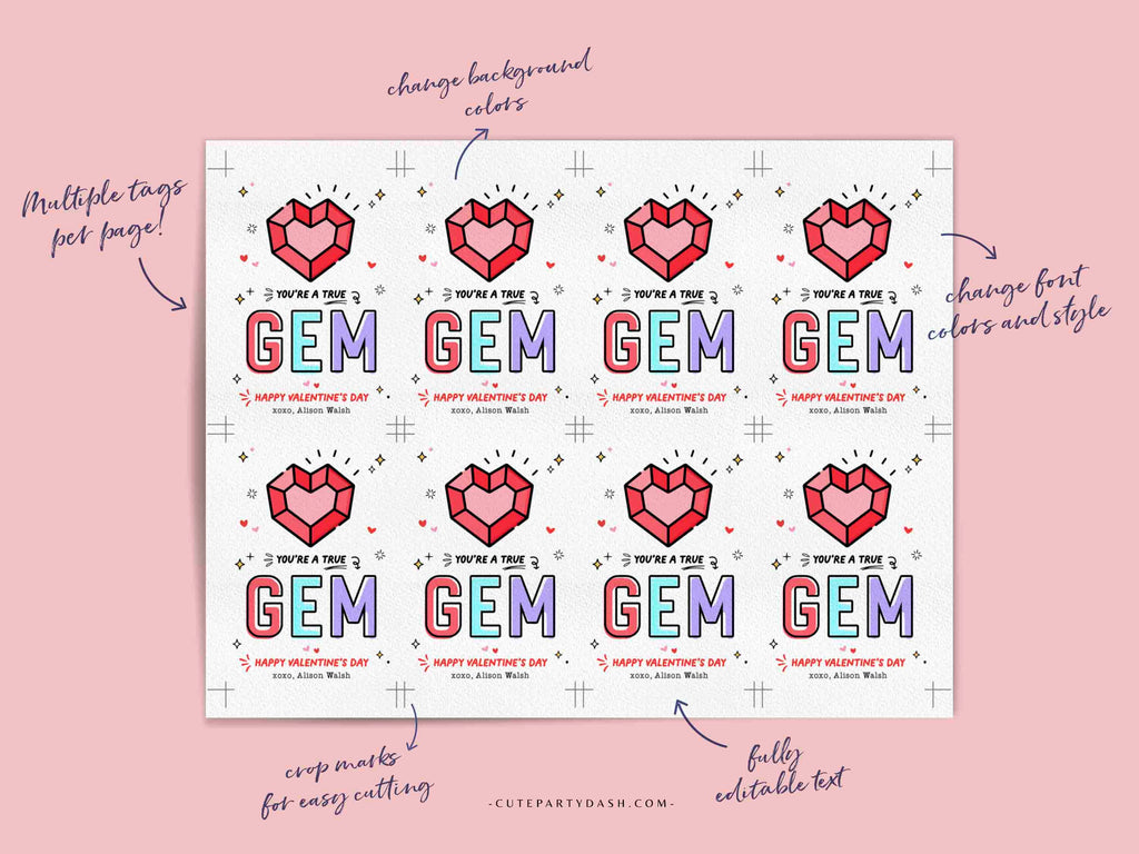 Valentine's Day Kids Classroom Ring Valentine Pop Gemstone Punny Tags ...