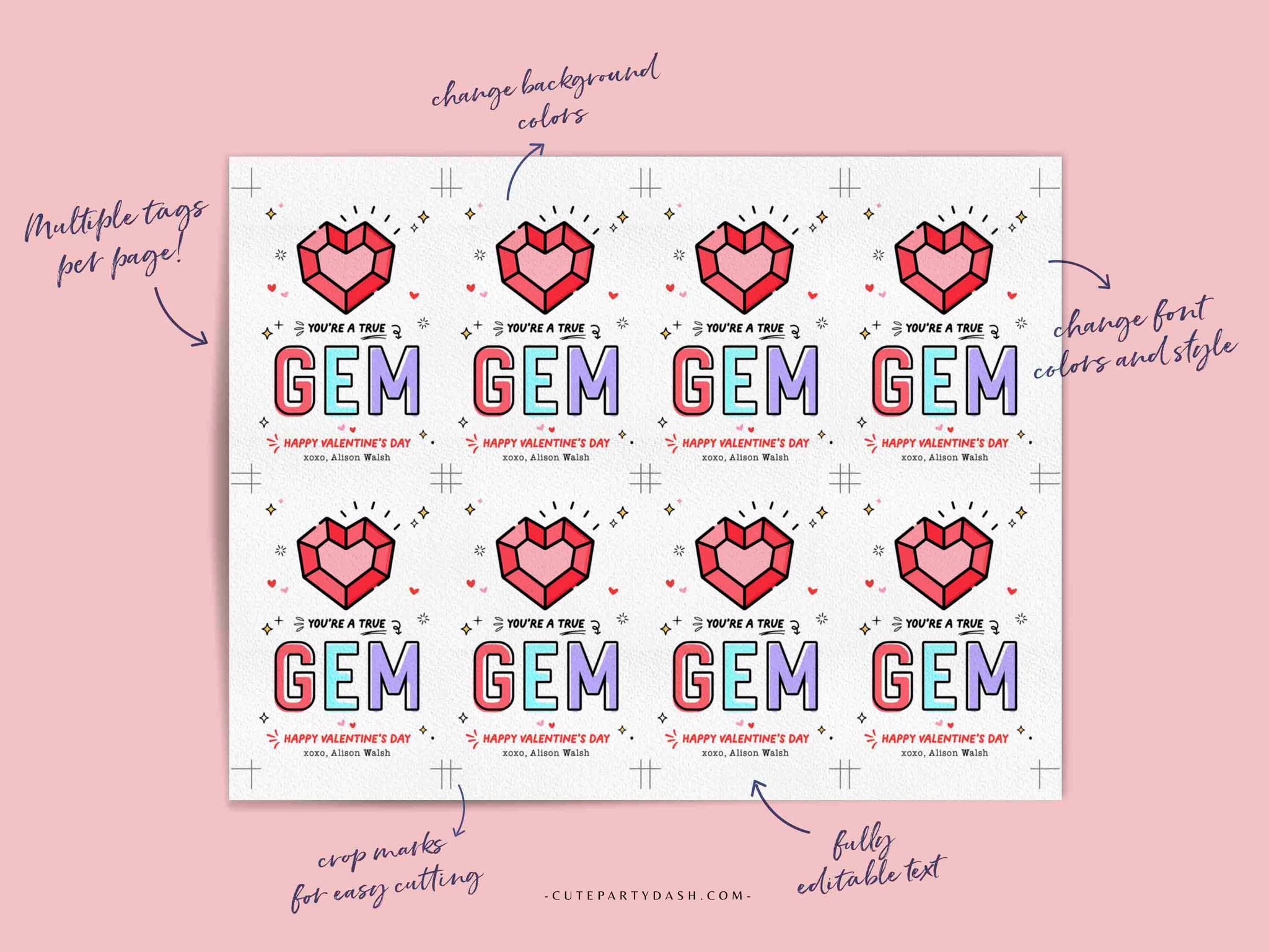 Valentine's Day Kids Classroom Ring Valentine Pop Gemstone Punny Tags ...