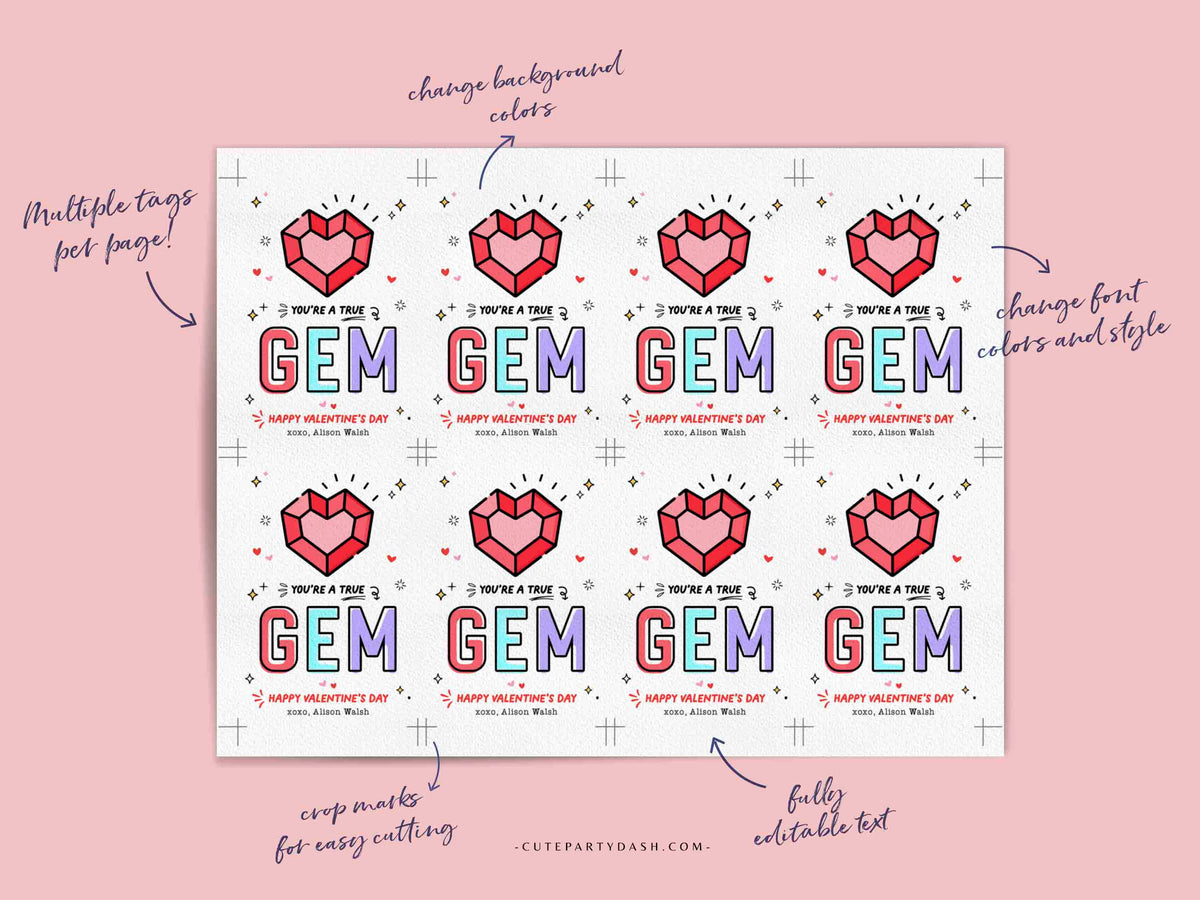 Valentine's Day Kids Classroom Ring Valentine Pop Gemstone Punny Tags ...