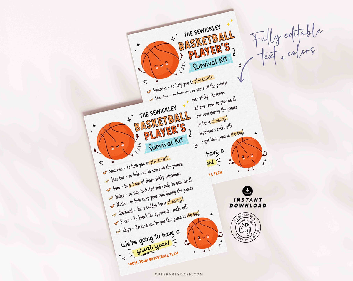 Basketball Survival Kit Tag Printable INSTANT DOWNLOAD – Cute Party Dash