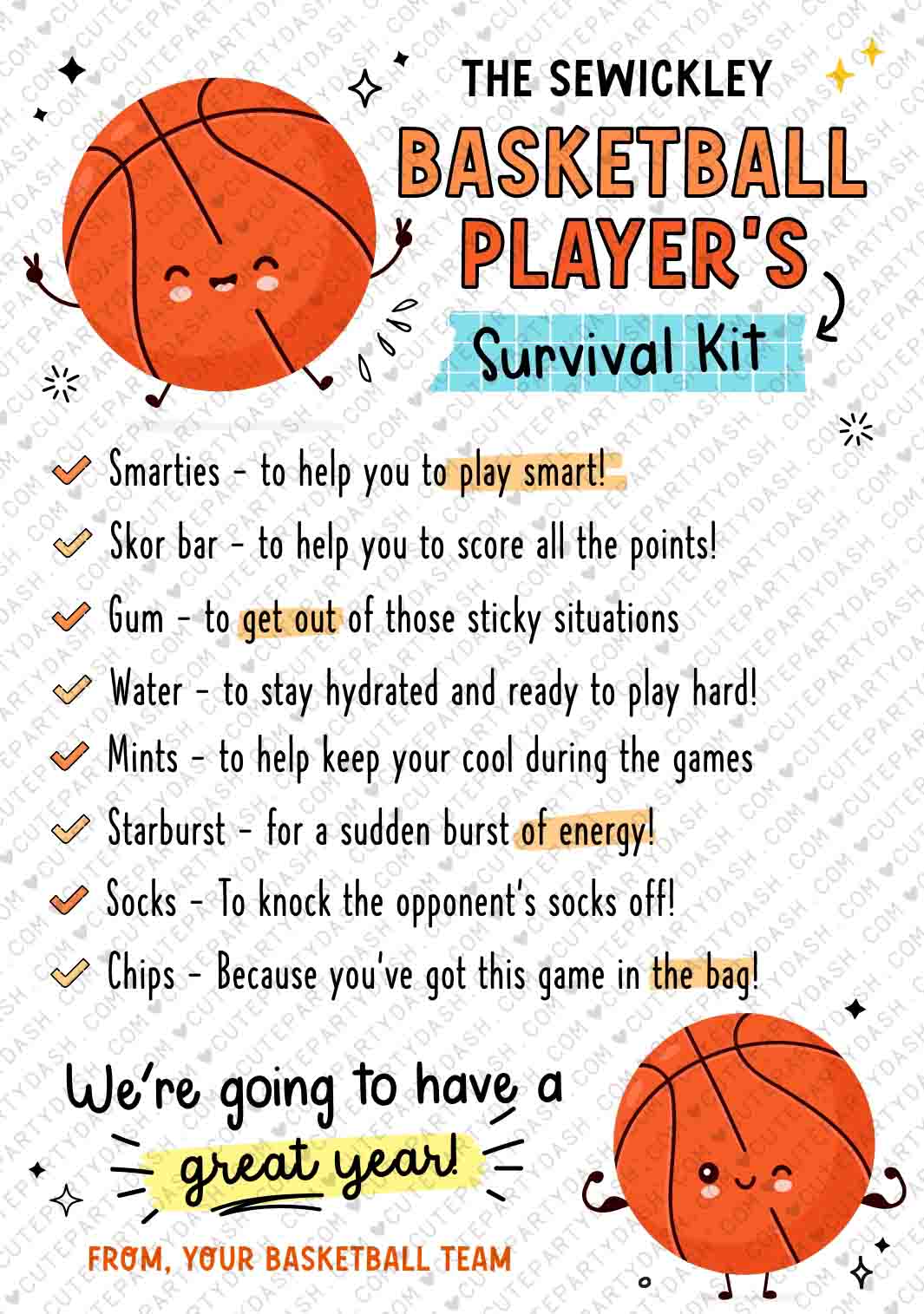 Basketball Survival Kit Tag Printable INSTANT DOWNLOAD – Cute Party Dash