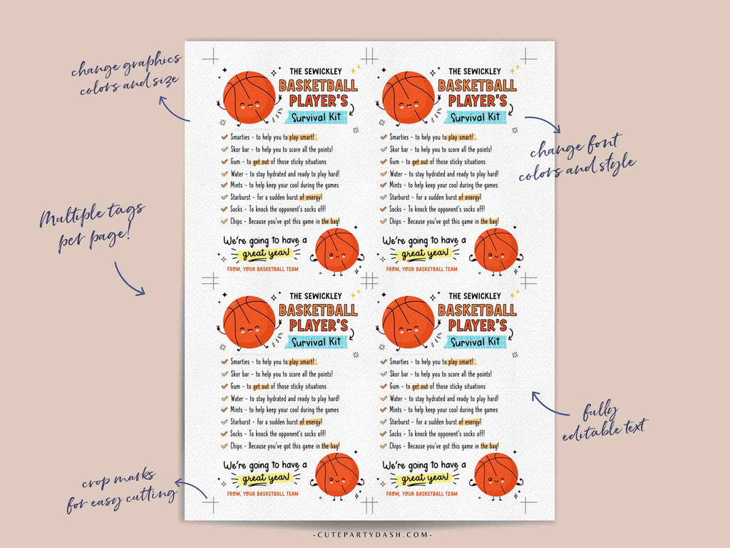 Basketball Survival Kit Tag Printable INSTANT DOWNLOAD – Cute Party Dash