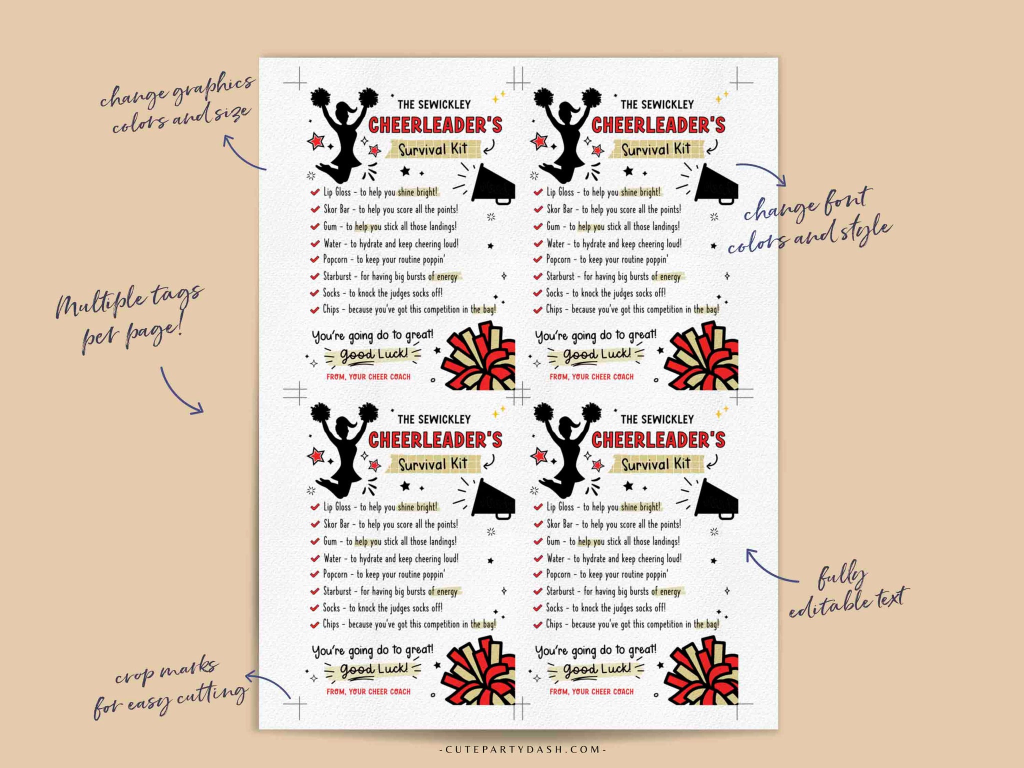 Cheerleader Survival Kit Tag/Card Printable INSTANT DOWNLOAD – Cute ...