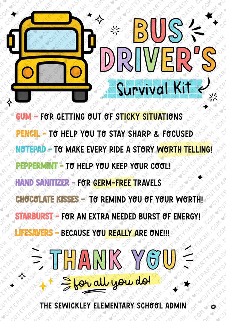 Bus Driver Survival Kit Tag/Card Printable INSTANT DOWNLOAD – Cute ...