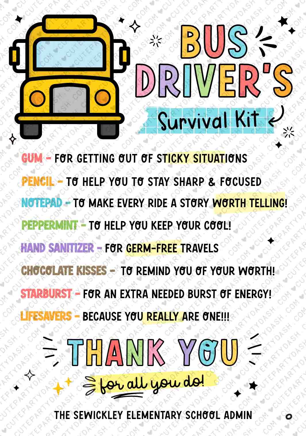 Bus Driver Survival Kit Tag/Card Printable INSTANT DOWNLOAD – Cute ...