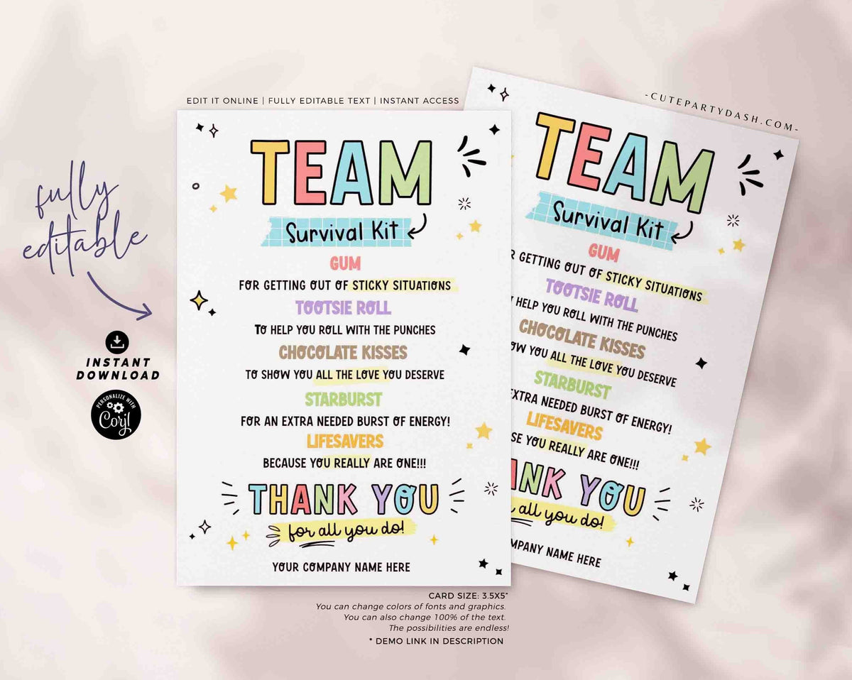 Team Survival Kit Tags Printable INSTANT DOWNLOAD – Cute Party Dash