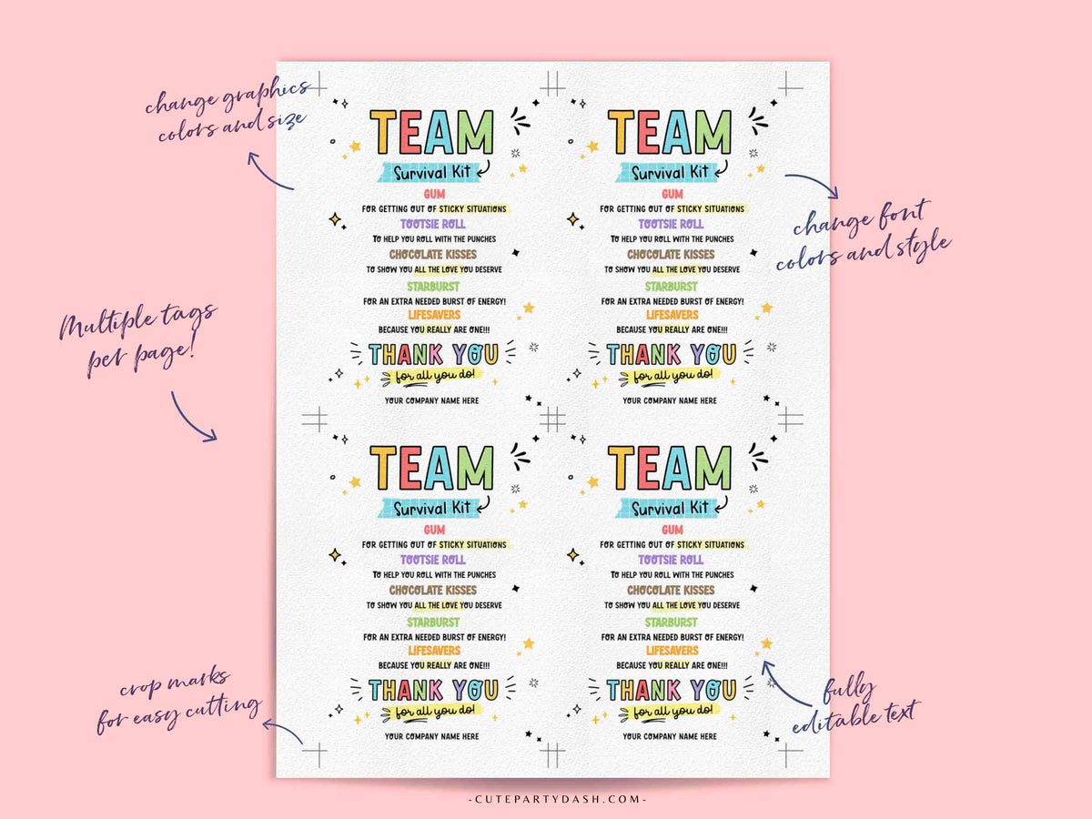 Team Survival Kit Tags Printable INSTANT DOWNLOAD – Cute Party Dash