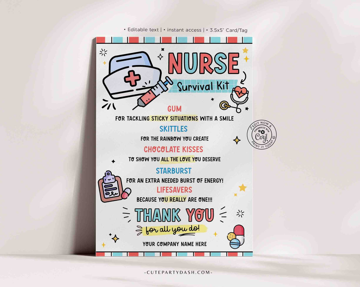 Nurse Survival Kit Gift Tag Printable INSTANT DOWNLOAD – Cute Party Dash