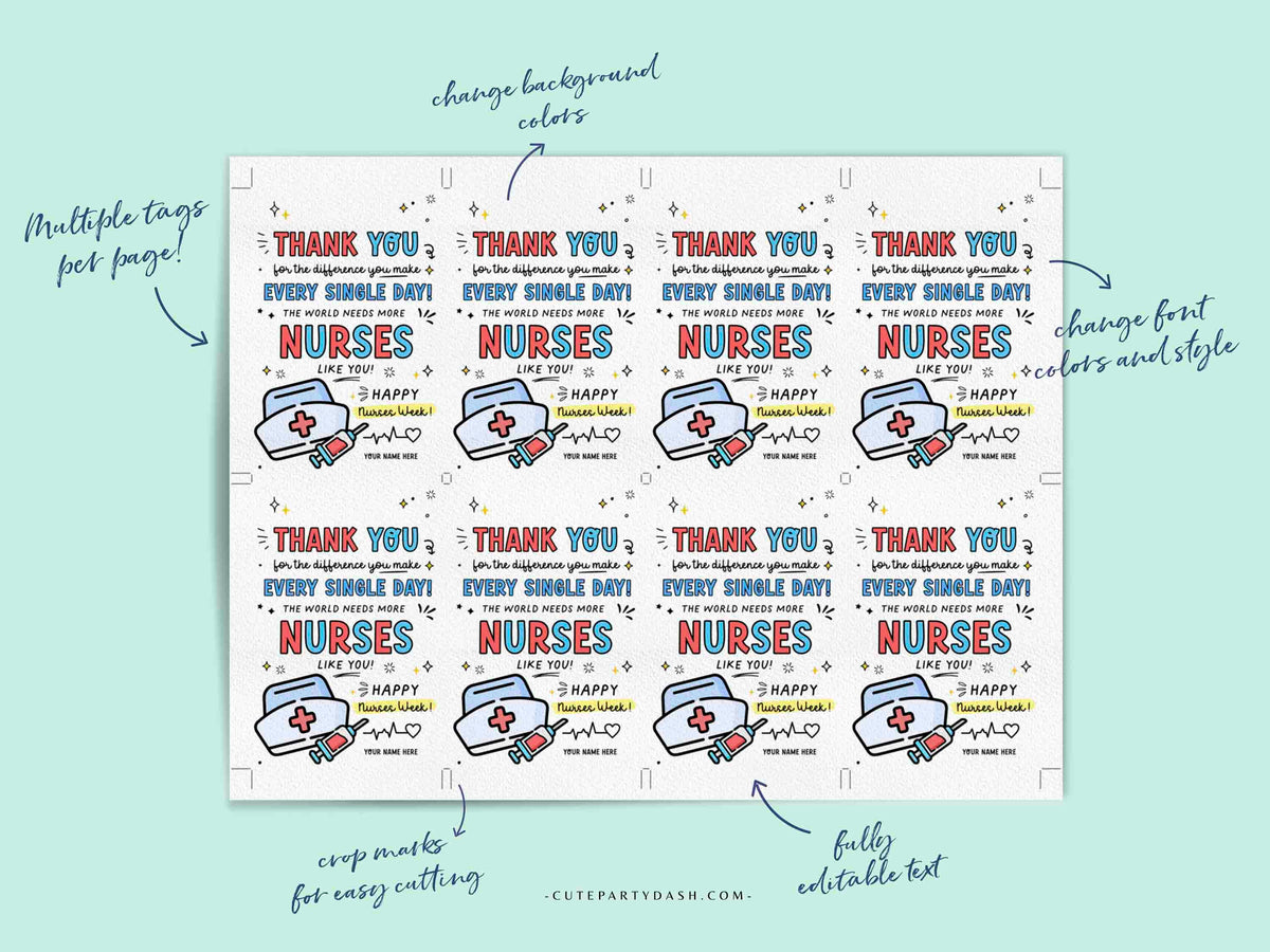 Nurses Week Gift Tags Printable INSTANT DOWNLOAD – Cute Party Dash