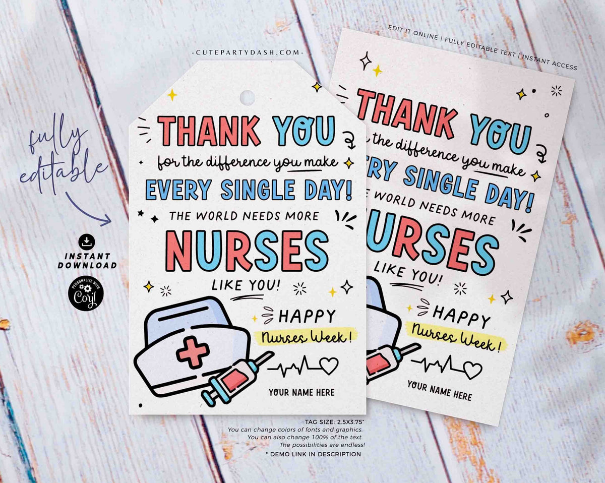 Nurses Week Gift Tags Printable INSTANT DOWNLOAD – Cute Party Dash
