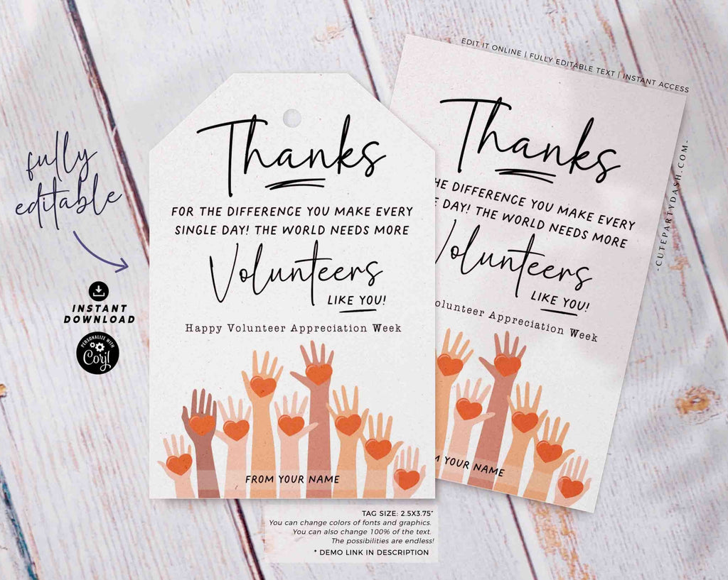 Volunteers Week Appreciation Gift Tag INSTANT DOWNLOAD – Cute Party Dash