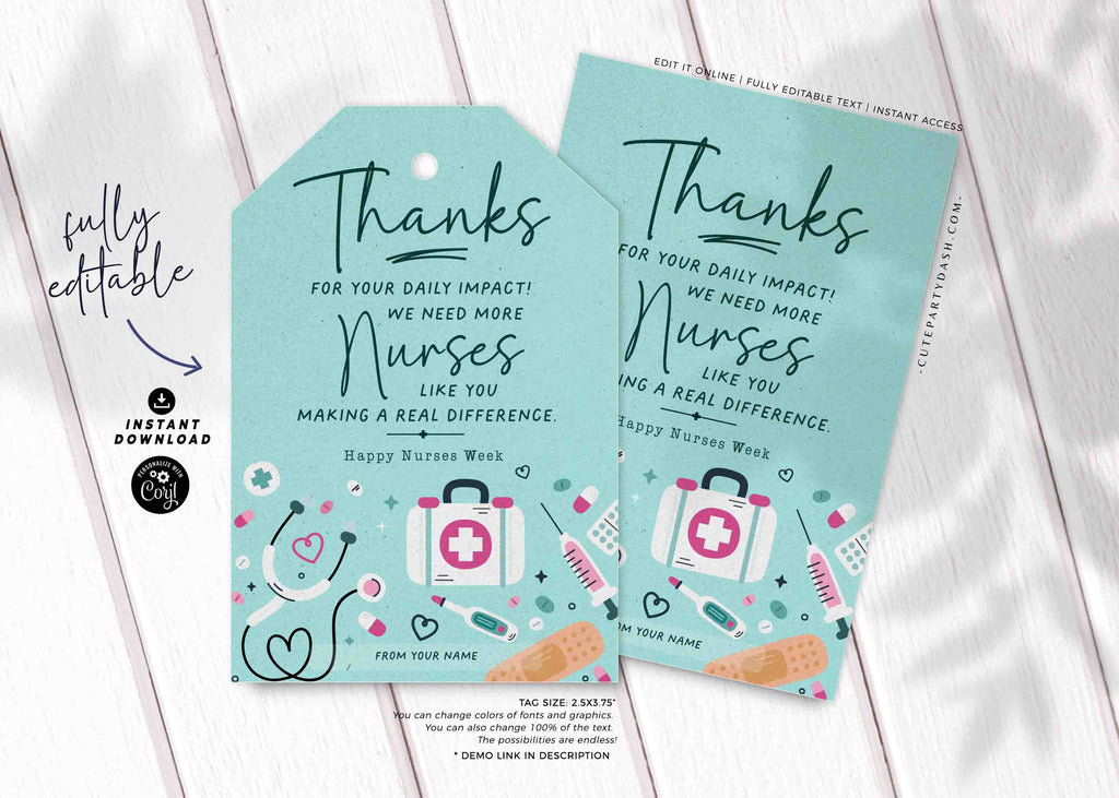 Nurses Week Gift Tags Printable INSTANT DOWNLOAD – Cute Party Dash