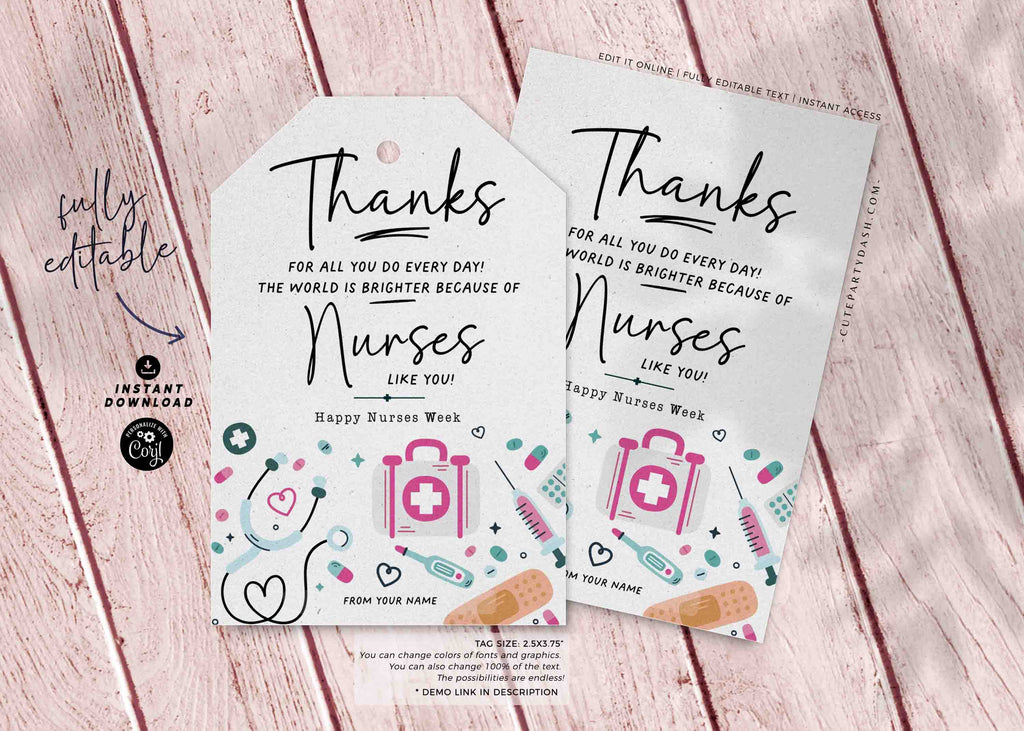 Nurses Week Gift Tags Printable INSTANT DOWNLOAD – Cute Party Dash