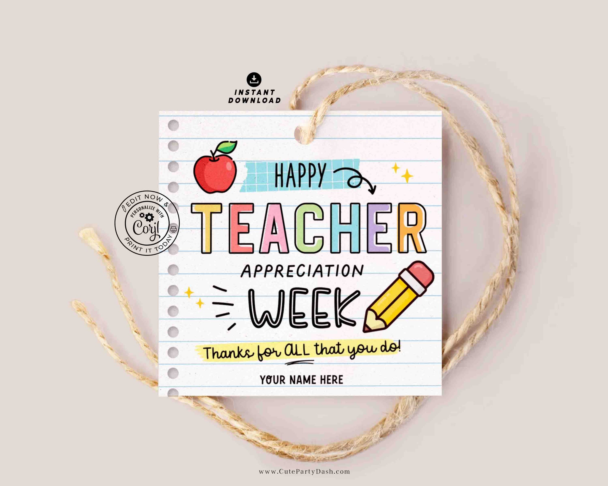 Teacher Appreciation Week Gift Tag Printable INSTANT DOWNLOAD – Cute ...