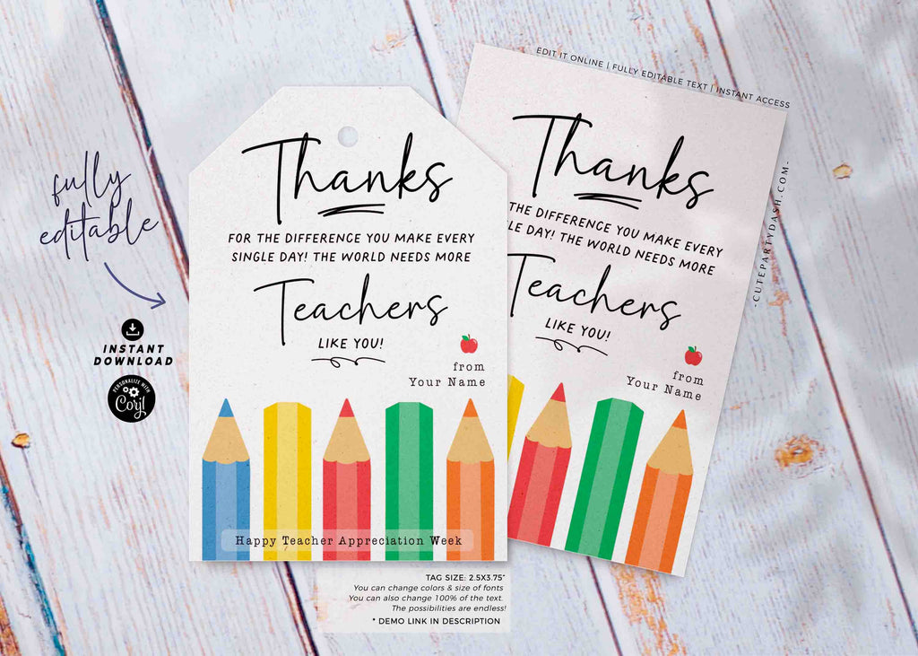 Teacher Appreciation Week Gift Tag Printable INSTANT DOWNLOAD – Cute ...