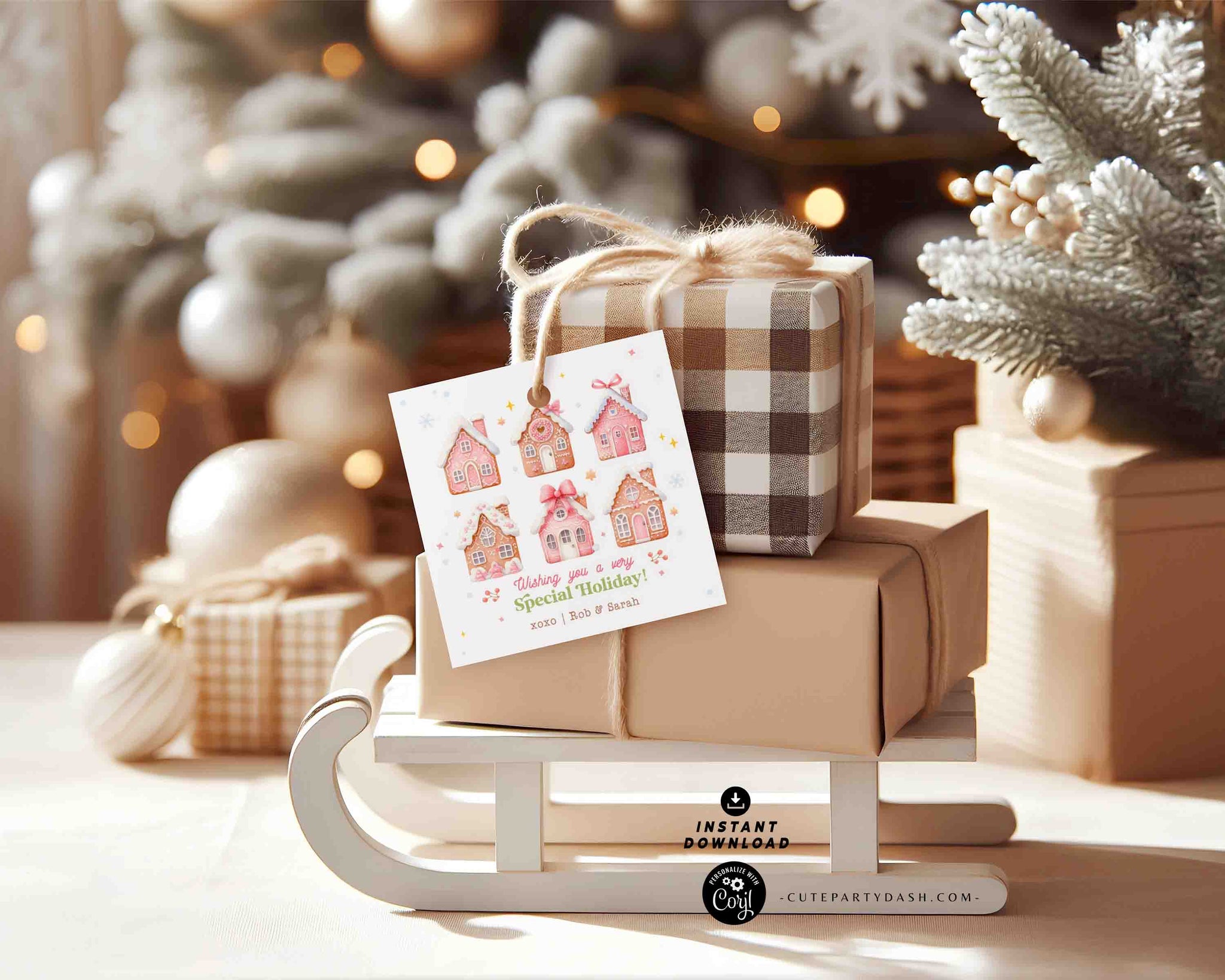 Pink Gingerbread House Gift Tag INSTANT DOWNLOAD – Cute Party Dash