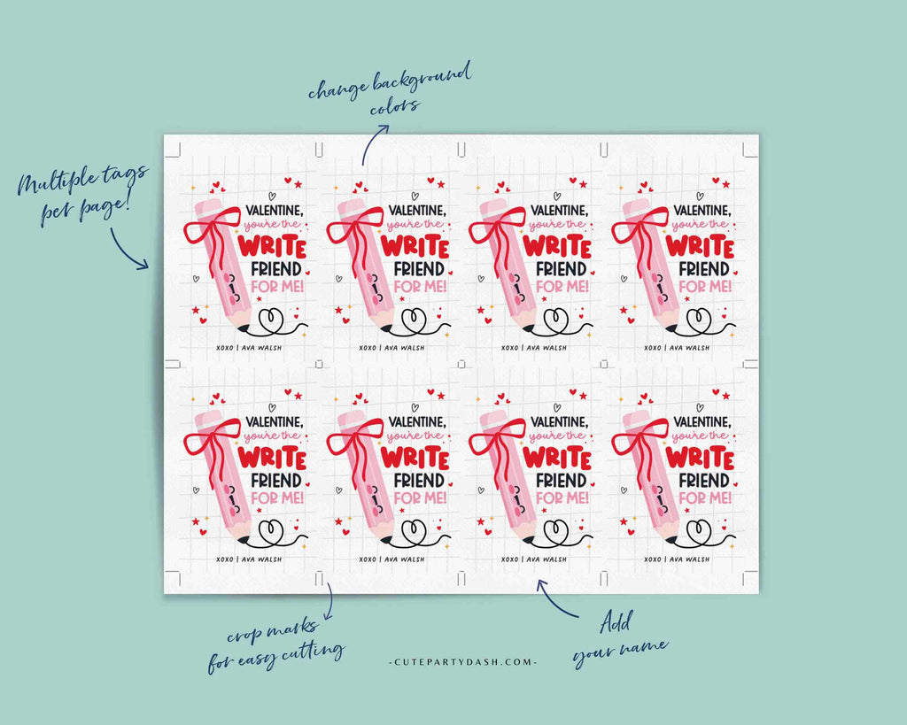 Pencil Valentine You’re the WRITE Friend for Me Gift Tags Printable ...