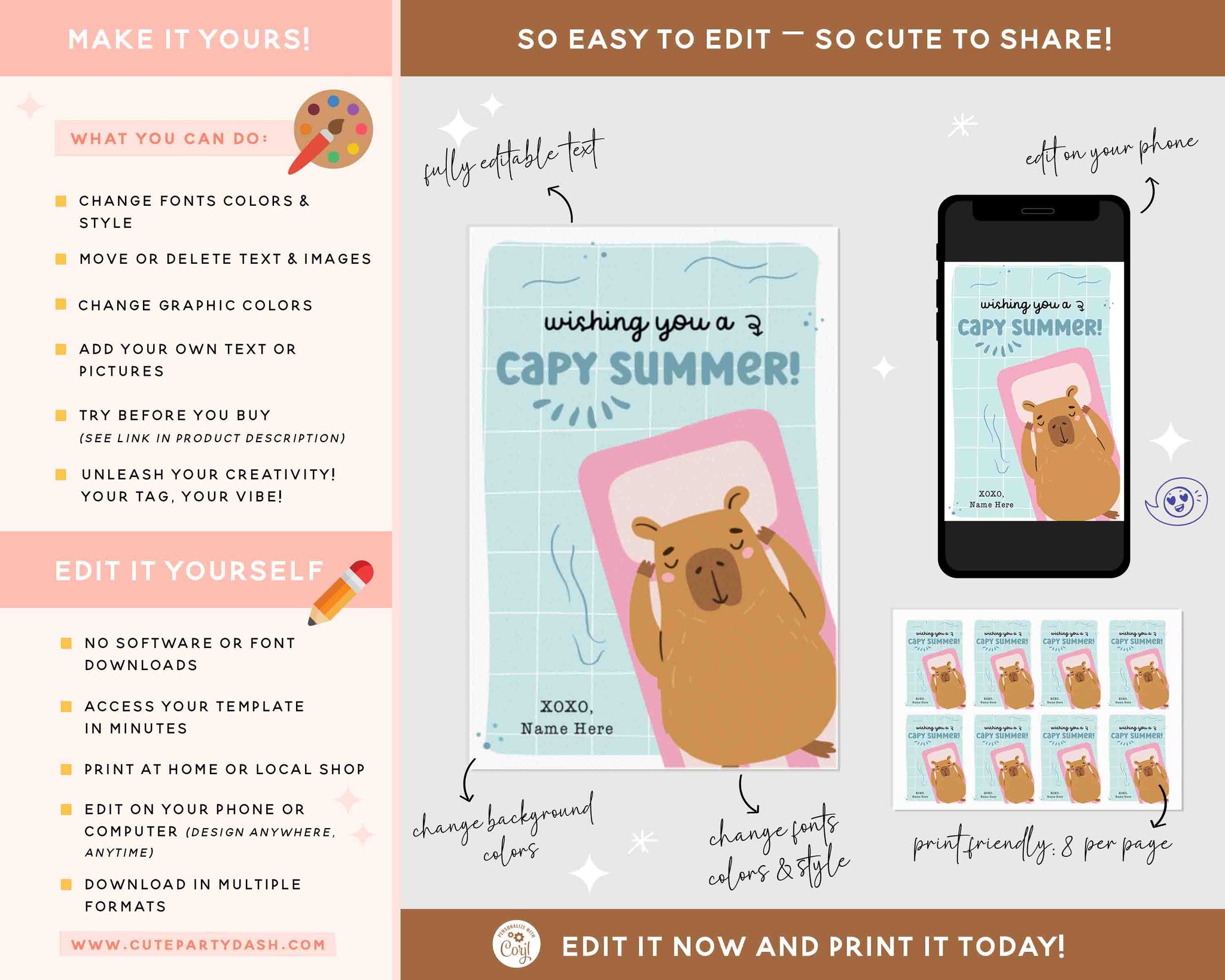 Have a Great Summer Capybara Gift Tag Printable INSTANT DOWNLOAD – Cute ...