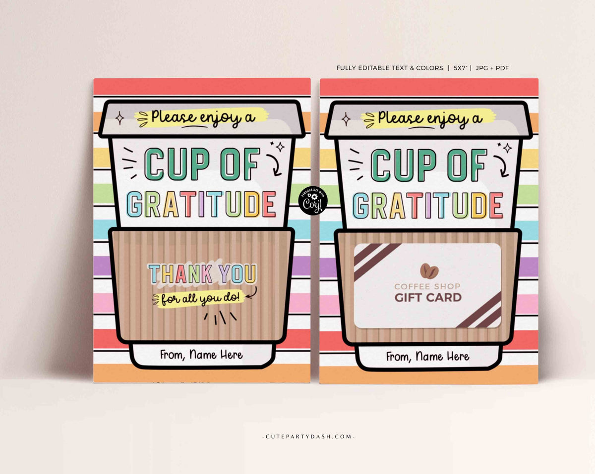 Cup of Gratitude Gift Card Holder Coffee Thank You Card template Print ...