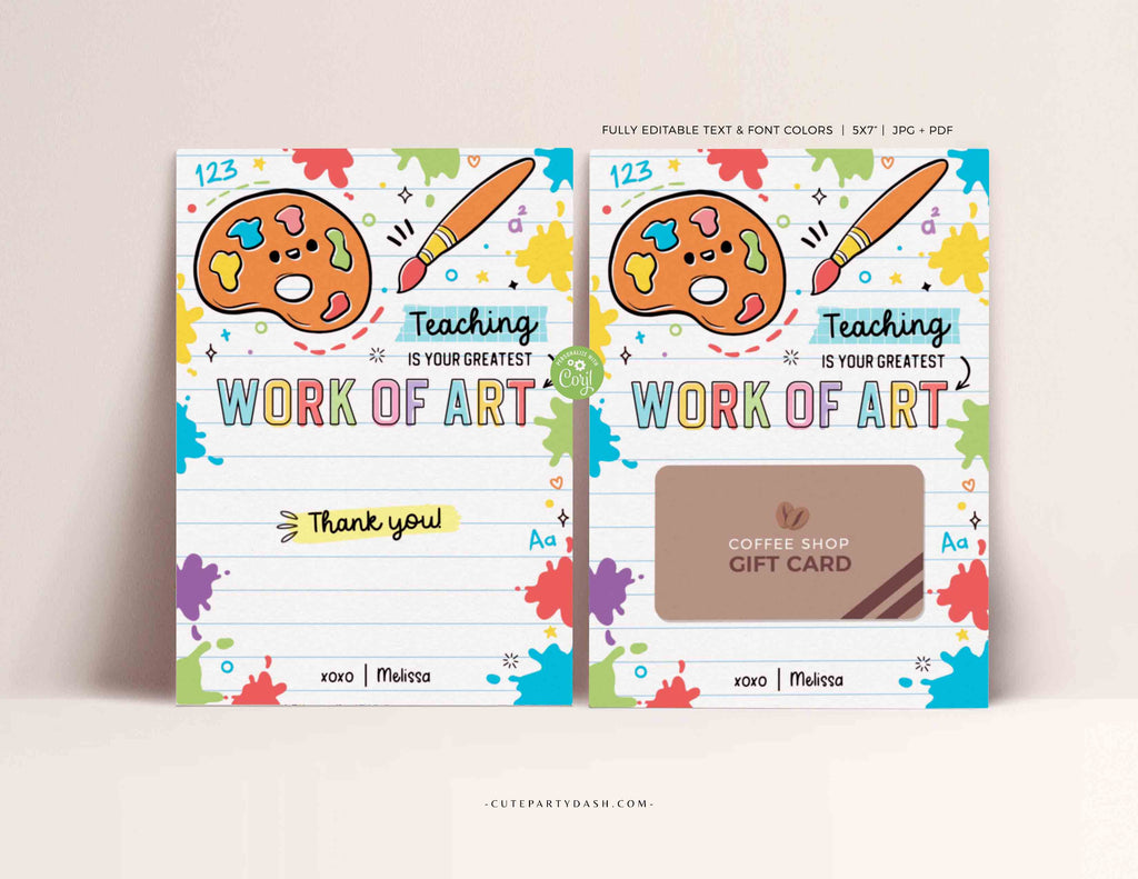 Editable Art Teacher Thank You Gift Card Holder template Printable App ...