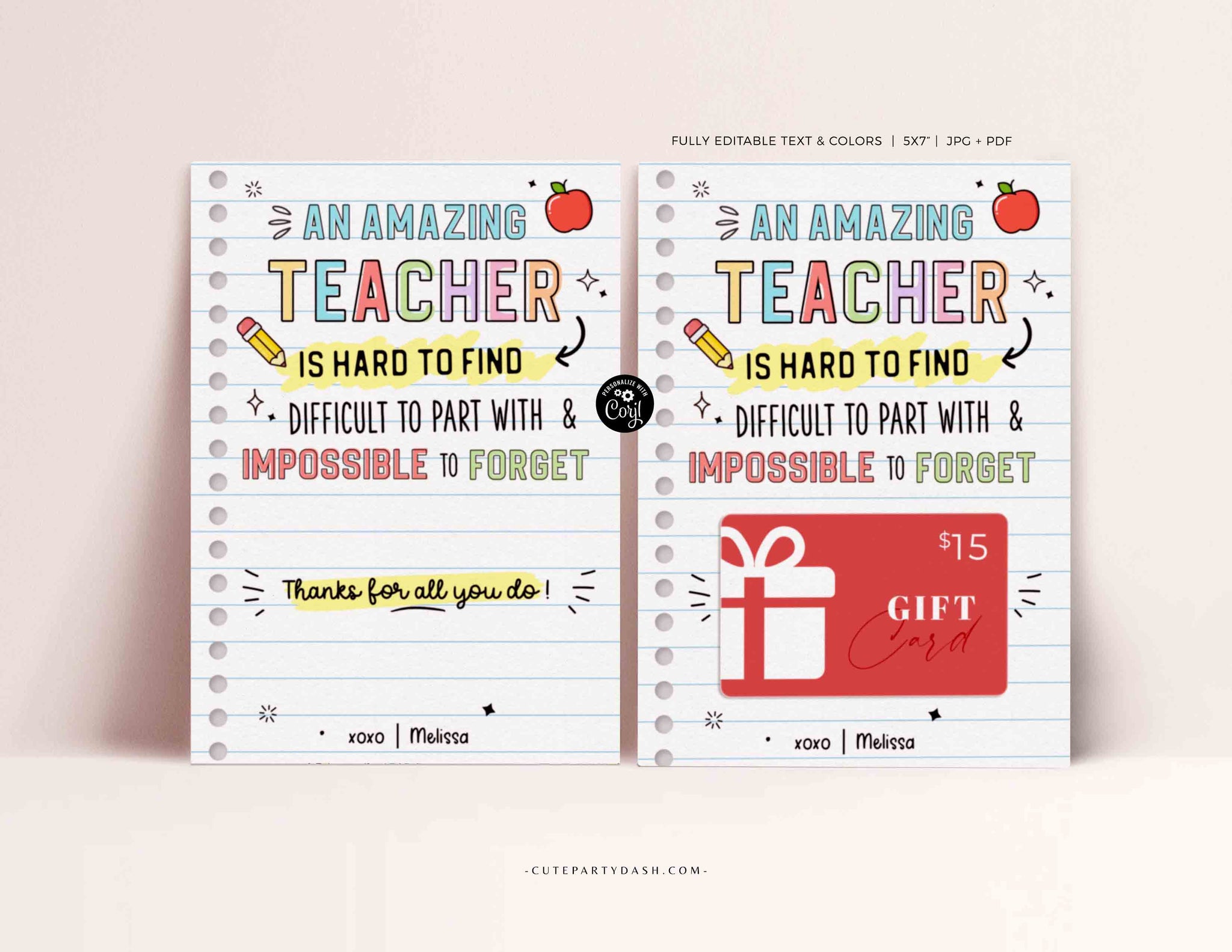 Editable Teacher Thank You Gift Card Holder template Printable Amazing ...