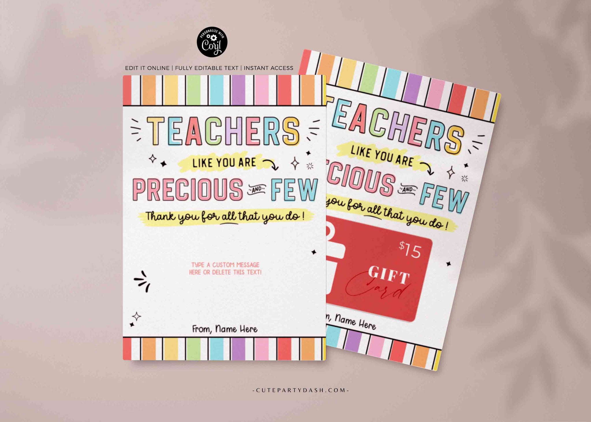 Editable Teacher Thank You Gift Card Holder template – Cute Party Dash