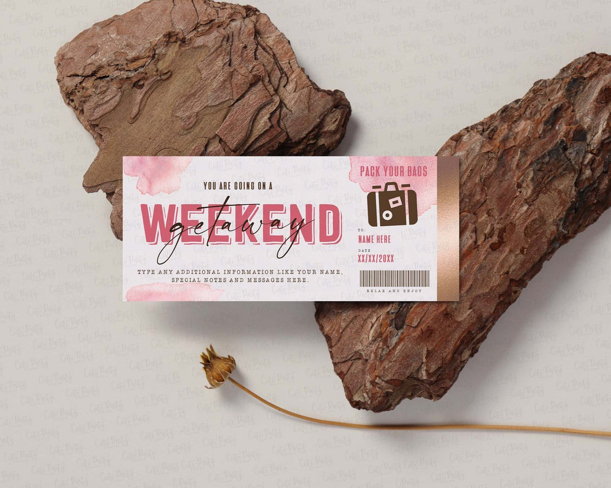 Weekend Getaway Voucher Template, Surprise Trip Gift Ticket - Digital ...