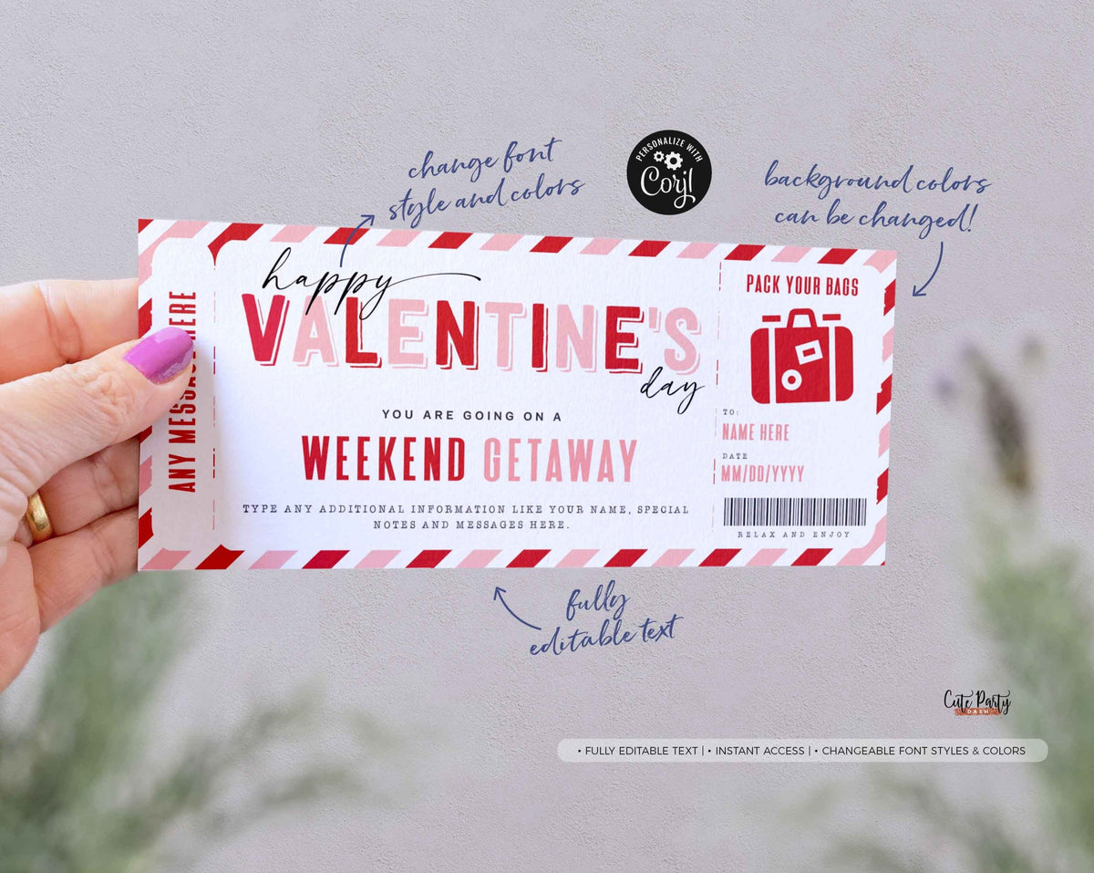Weekend Getaway Voucher Template, Surprise Valentine's Day Trip gift t ...