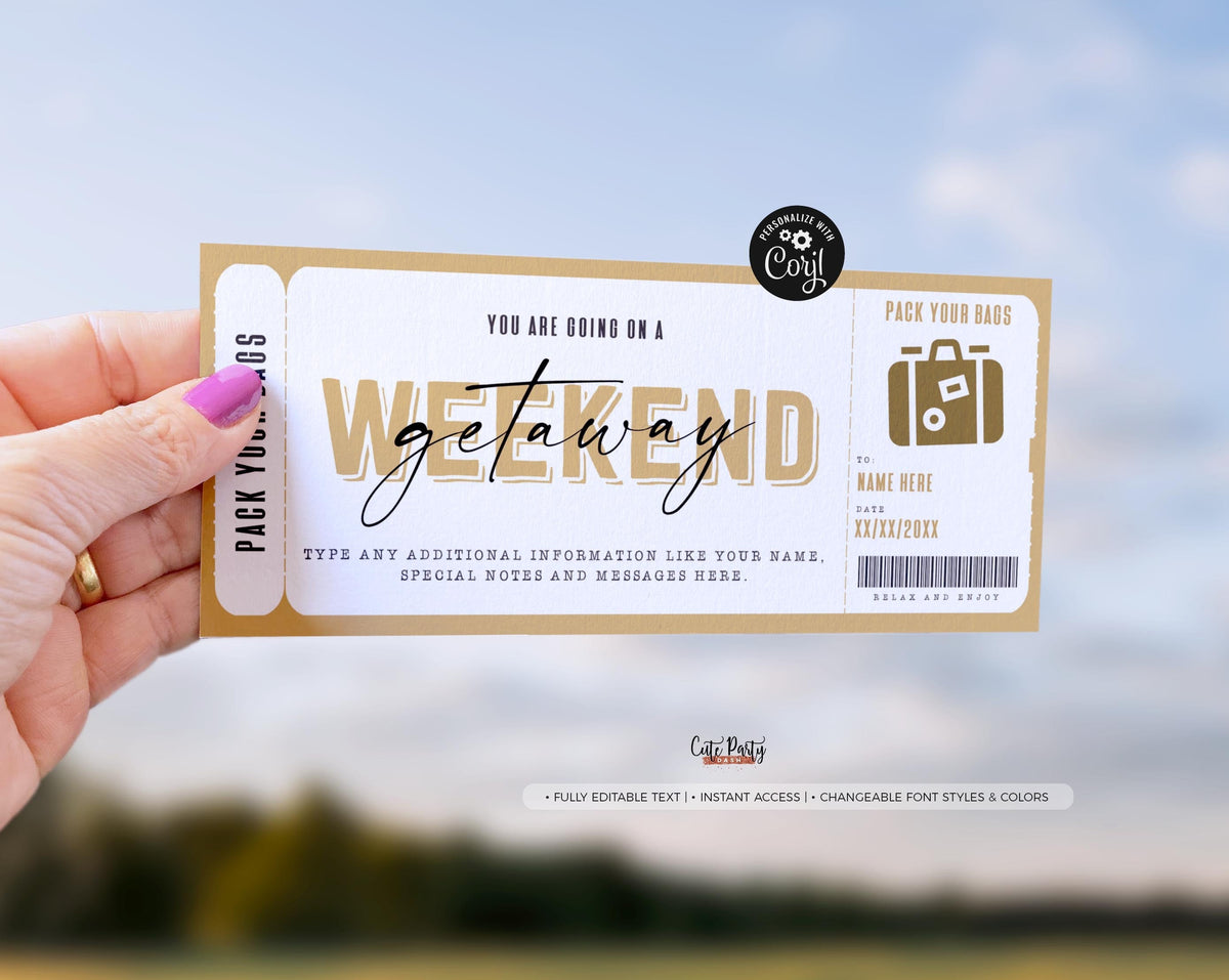 Weekend Getaway Voucher Template, Surprise Trip Gift Ticket - Digital ...
