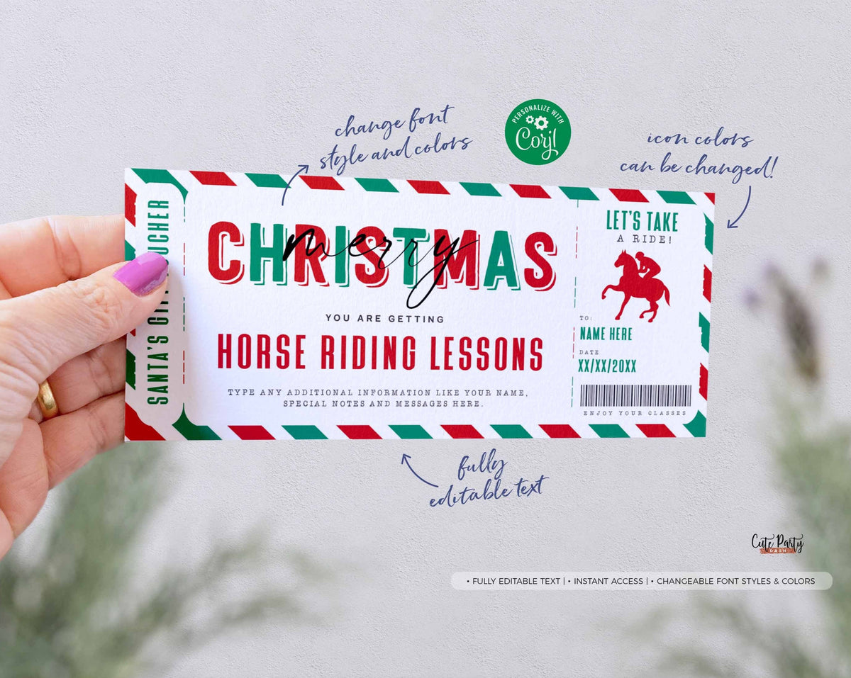 Horse Riding Lessons Gift Voucher template, Editable Holiday gift tick ...