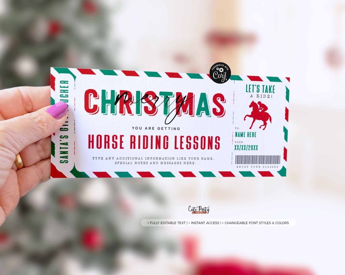 Horse Riding Lessons Gift Voucher template, Editable Holiday gift tick ...