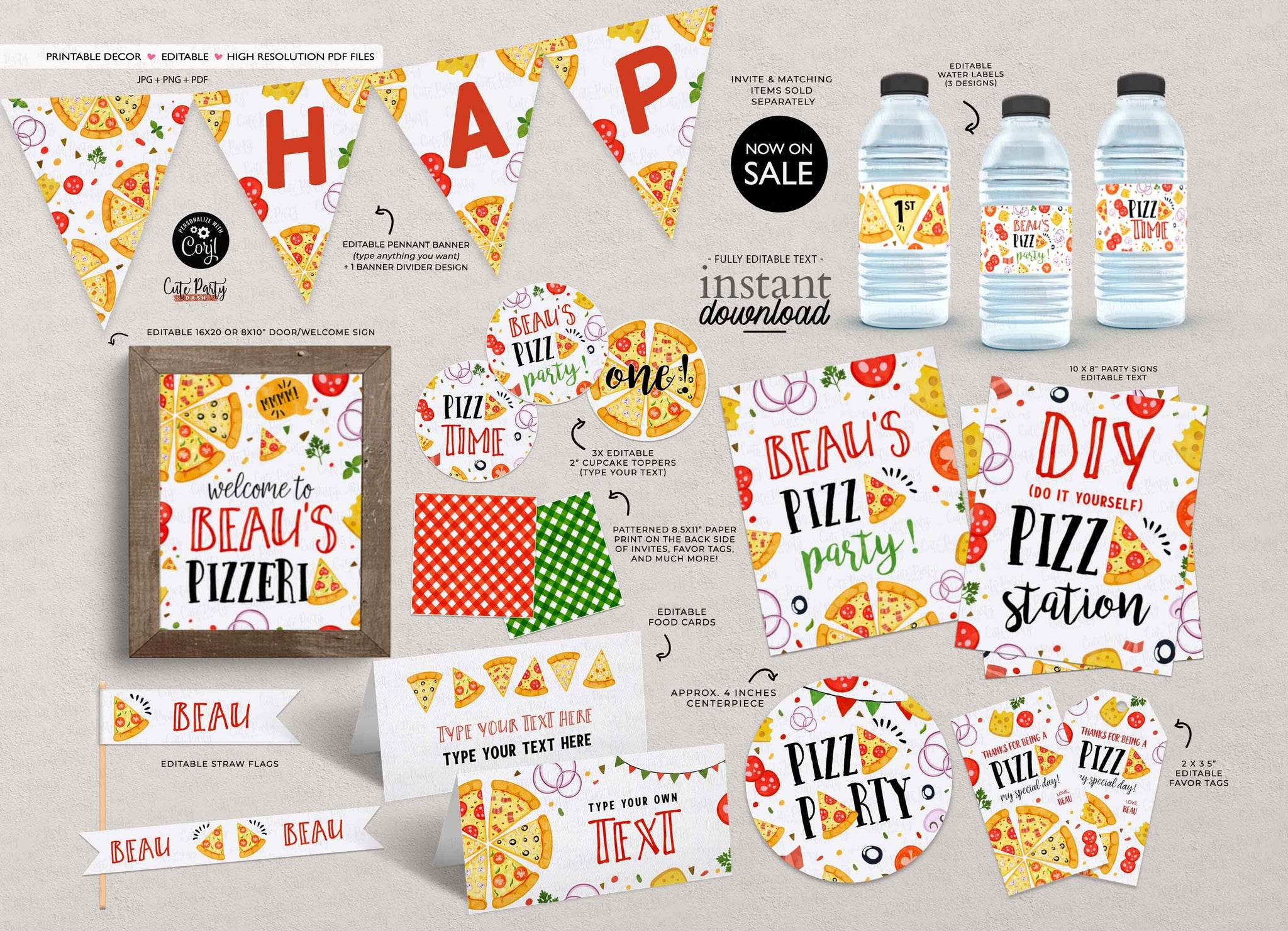 Pizza Birthday Party Printable Cupcake toppers – Cute Party Dash