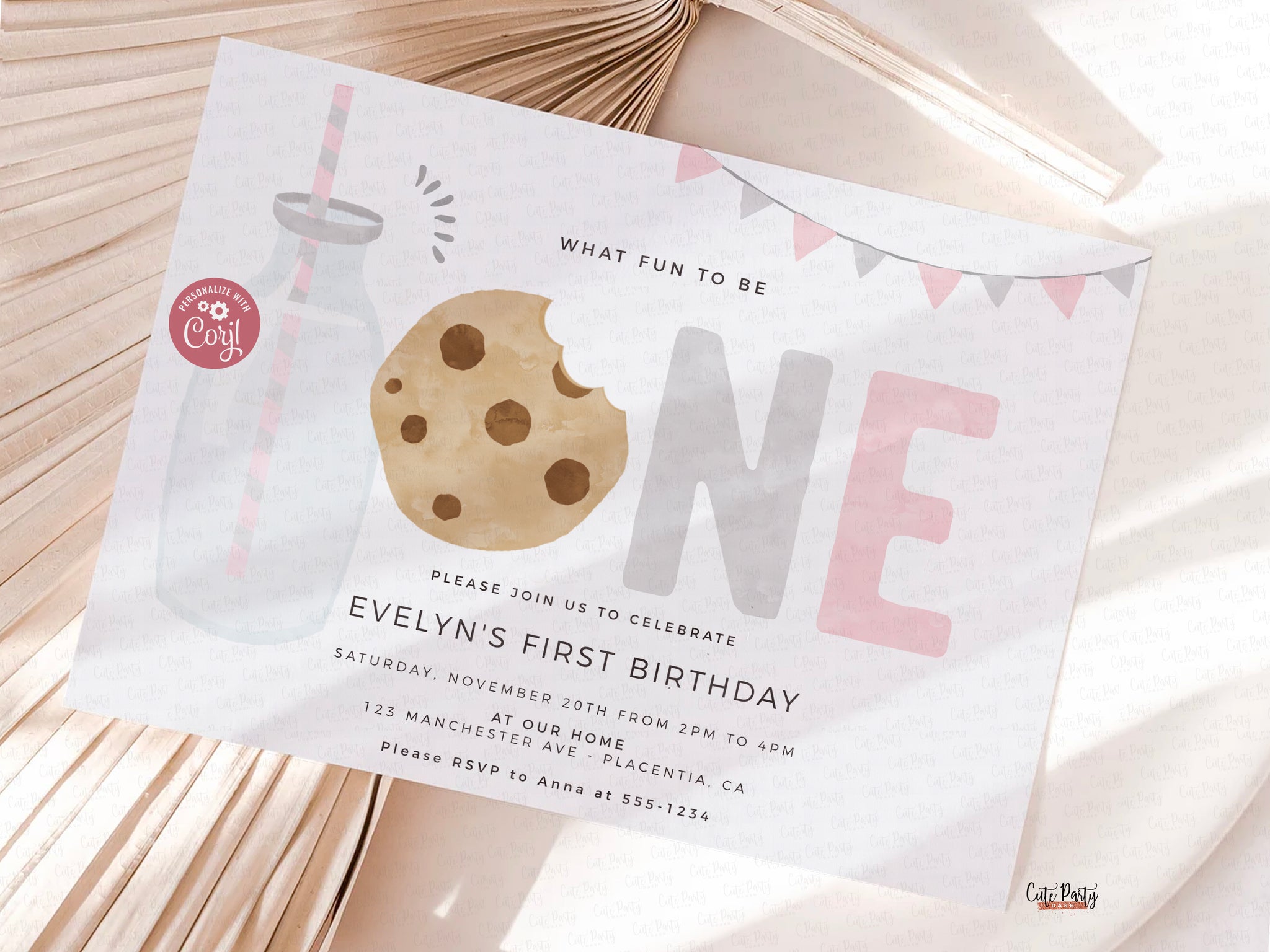 Minimalist Pink Milk and Cookies Birthday invitation - Digital Downloa ...