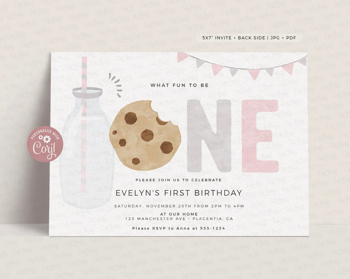 Minimalist Pink Milk and Cookies Birthday invitation - Digital Downloa ...