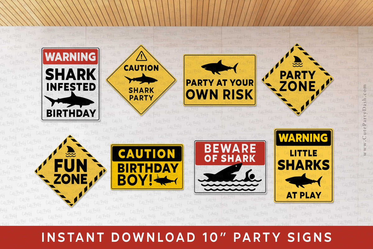 Danger Shark party Signs, Shark Birthday Signage Caution Sign - Instan ...