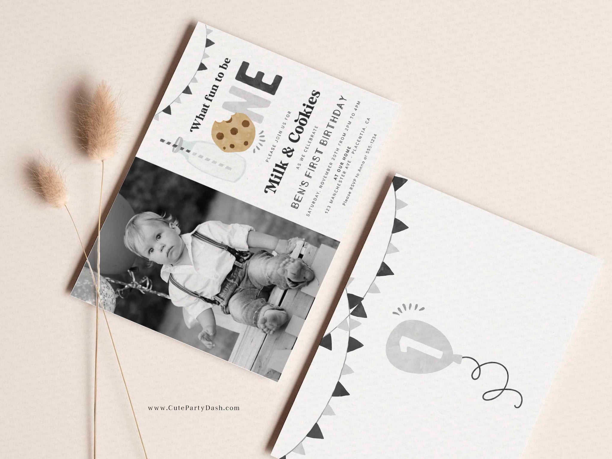 Minimal Milk and Cookies First Birthday Photo invitation - Digital Dow ...