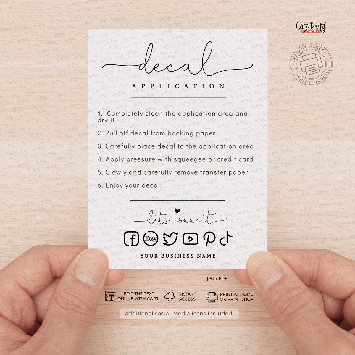 Decal Application Care Card Template - Instant Download – Cute Party Dash