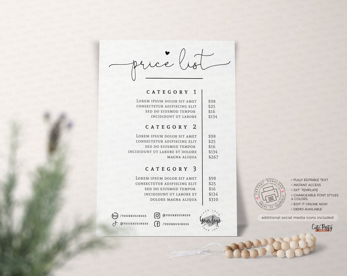 Price List Editable Template - Instant Download – Cute Party Dash