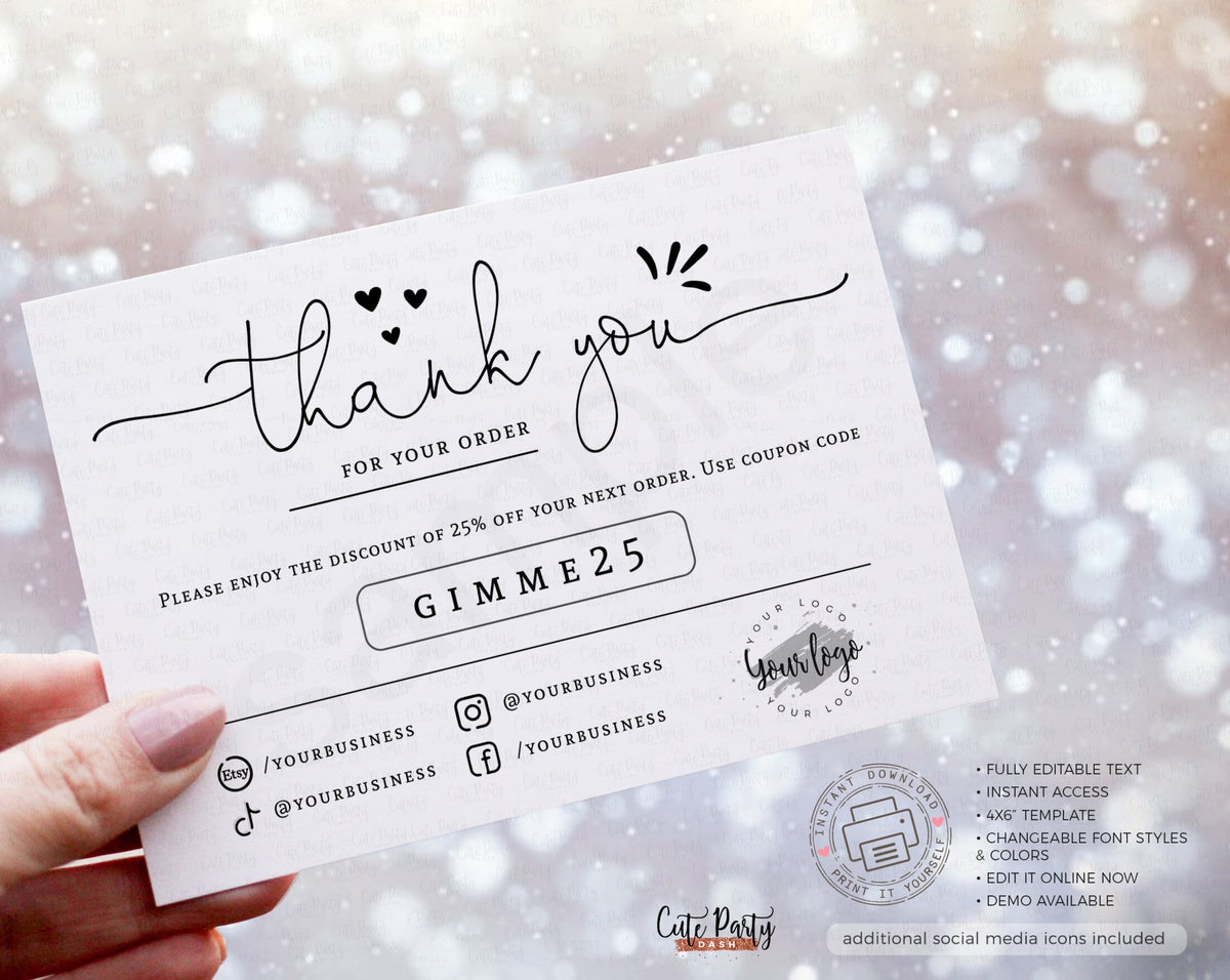 Thank You Insert Card Editable Template - Instant Download – Cute Party ...