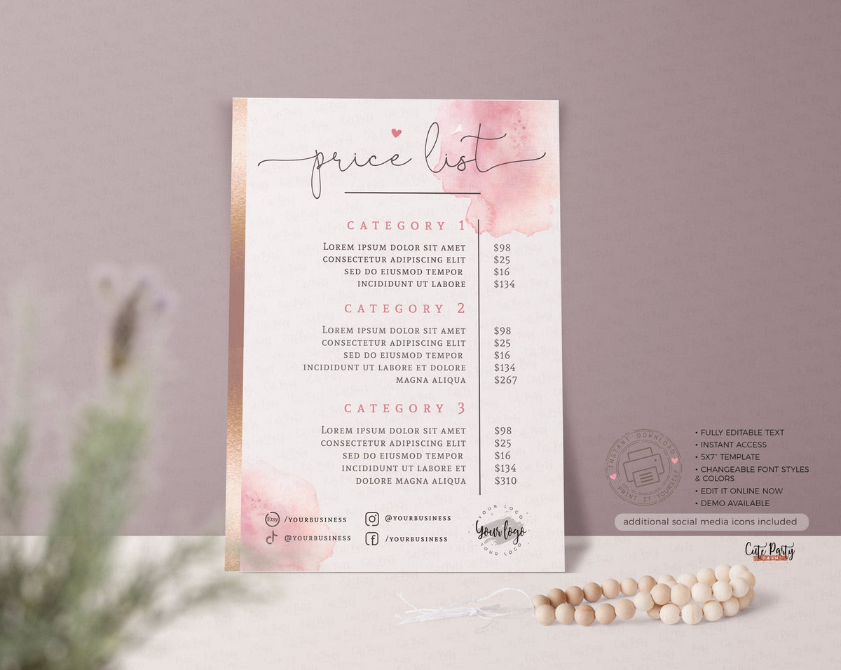 Editable Watercolor Pink Price List Editable Template - Instant Downlo ...