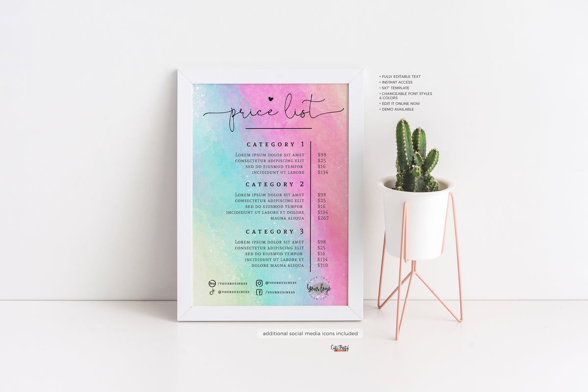 Watercolor Rainbow Order Form Editable Template Billing Form - Instant ...