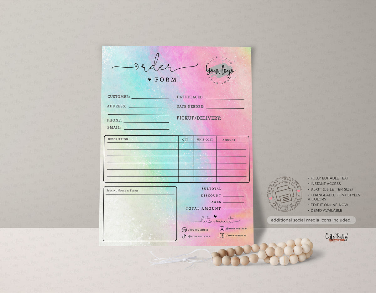 Watercolor Rainbow Order Tracker Form Editable Template - Instant Down ...