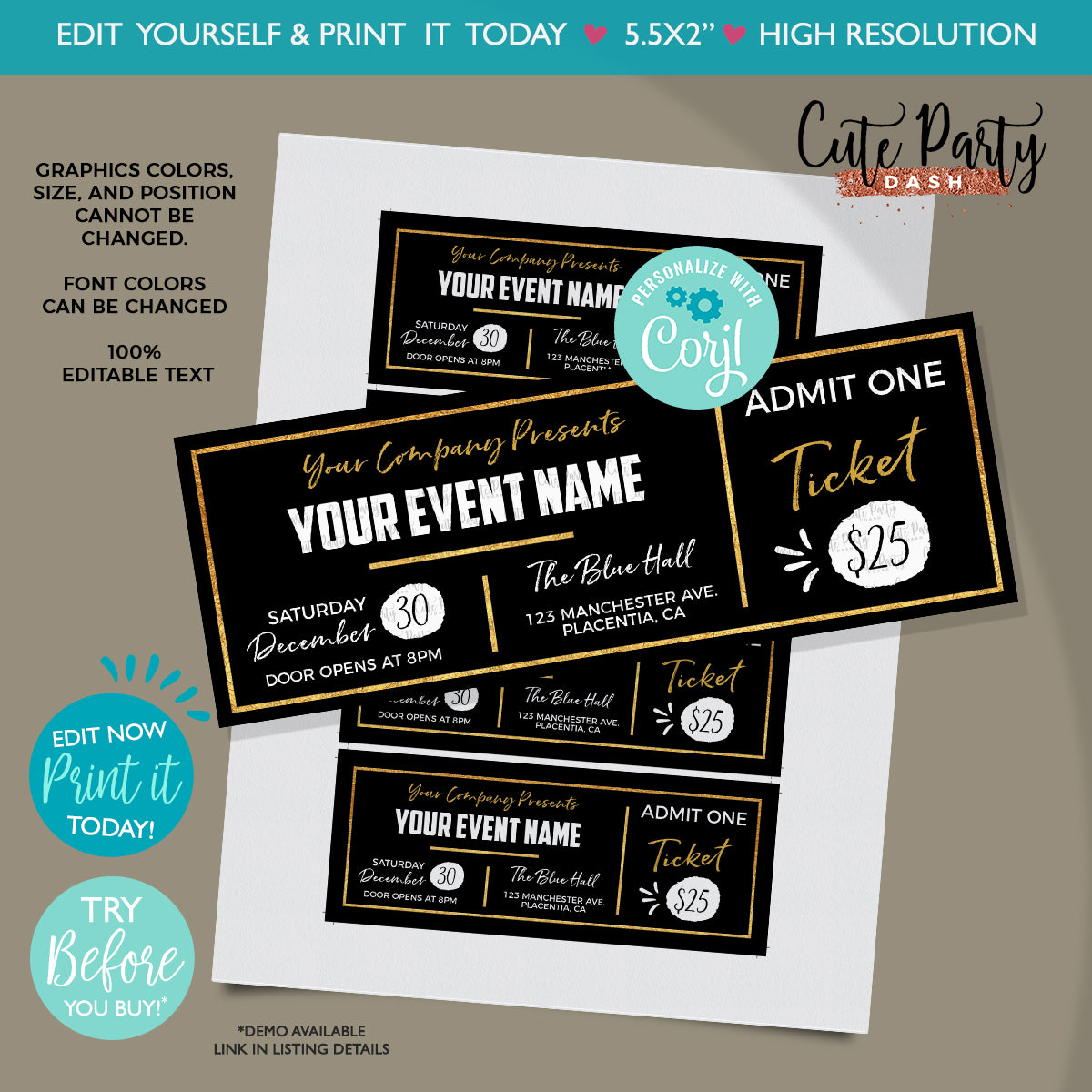 Event Ticket Template Printable Invitation - Digital Download – Cute ...