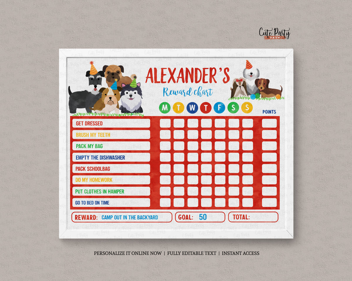 Editable Puppy Dog Reward Chart for kids – Cute Party Dash