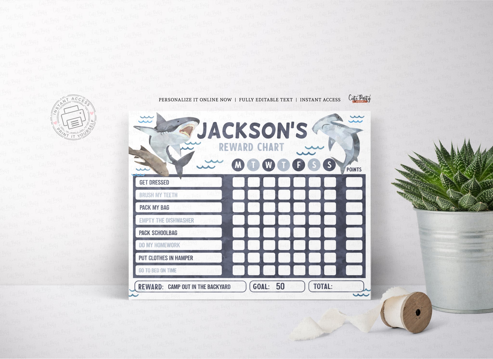 Editable Shark Reward Chart for kids – Cute Party Dash