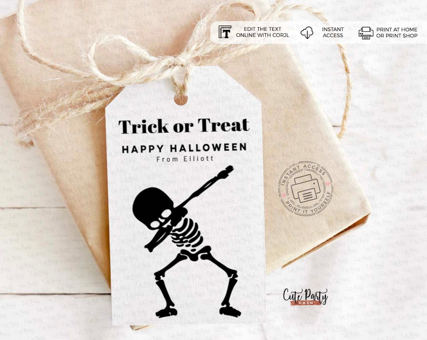 Halloween Minimalist Trick or Treat Gift Tag, Dabbing Skeleton Gift ta ...