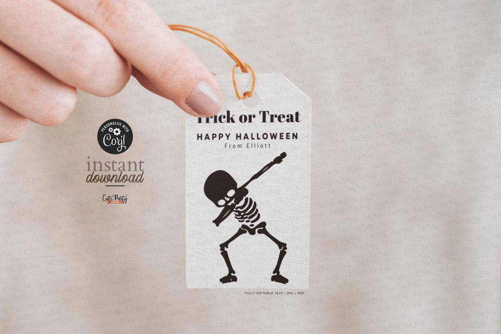 Halloween Minimalist Trick or Treat Gift Tag, Dabbing Skeleton Gift ta ...