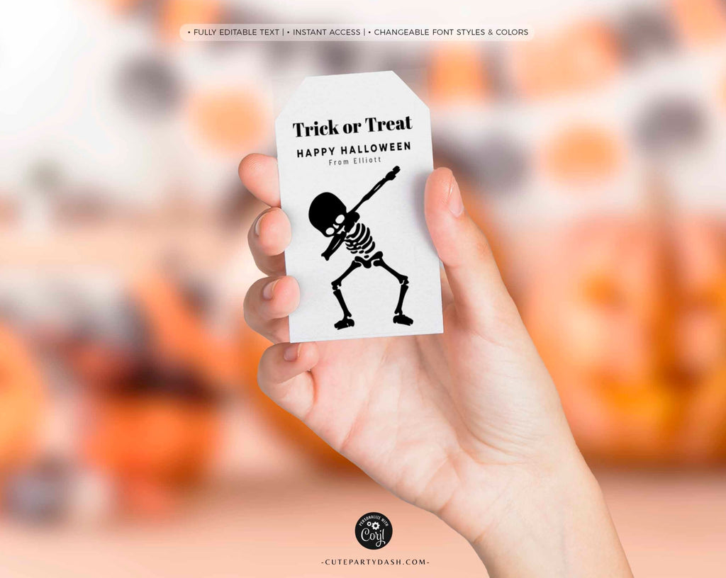 Halloween Minimalist Trick or Treat Gift Tag, Dabbing Skeleton Gift ta ...
