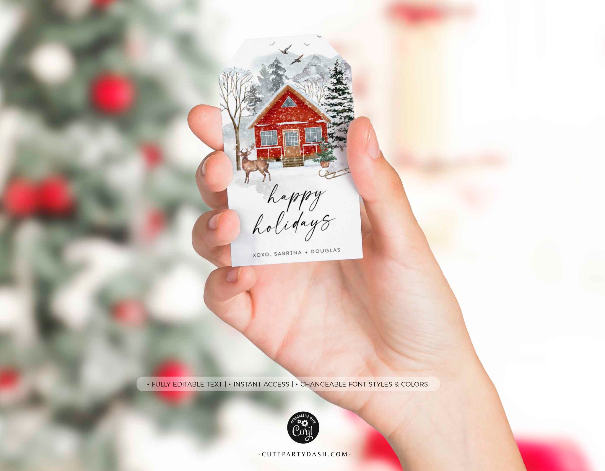 Happy Holidays gift Tags, Editable Merry Christmas Winter Forest hang ...